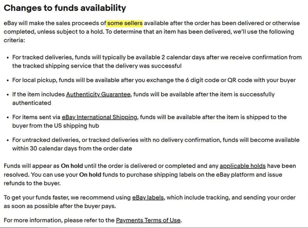 eBay US Payments Update: Funds Held Until After Delivery For "Some" Sellers