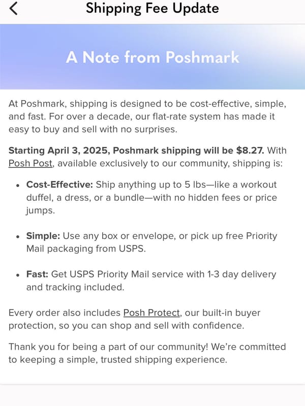 Poshmark Increasing Posh Post Shipping Price April 3, 2025